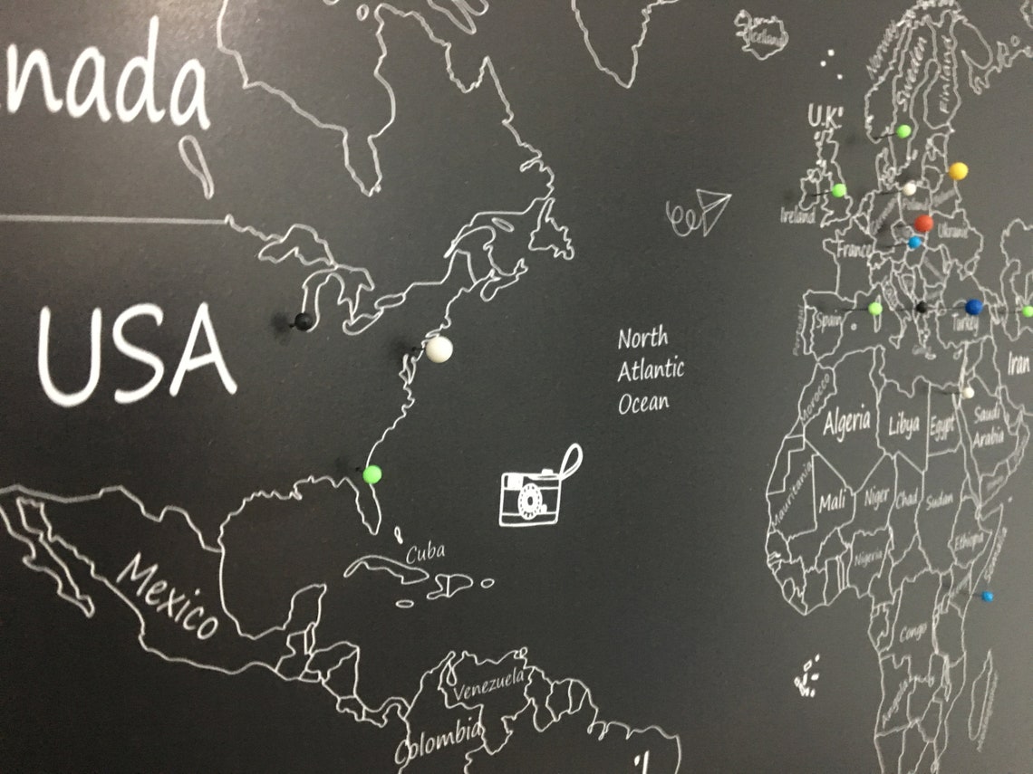 Black World Map Pinboard Push Pins Travel Map Traveller Gift | Etsy