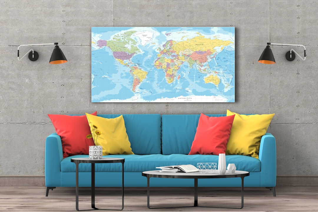 Canvas World Map, Detailed World Map Canvas, Colorful World Map, Blue ...