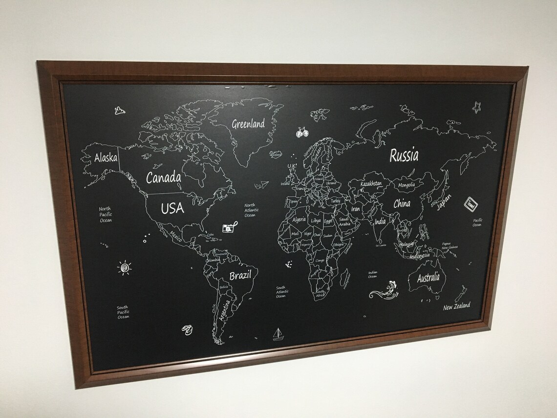 Black World Map Pinboard Push Pins Travel Map Traveller Gift Map Framed ...