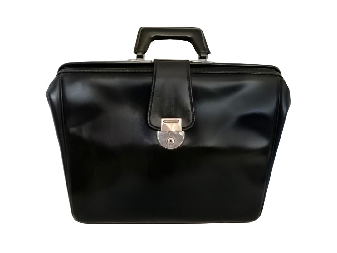 Vintage Doctors Bag Large Briefcase Faux Leather Black Vegan Gladstone ...