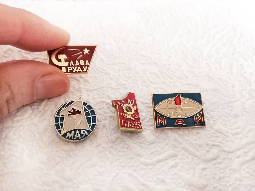 Vintage Pinback Buttons Set 4 Badges 1 May Labor Day Lapel Pin USSR ...