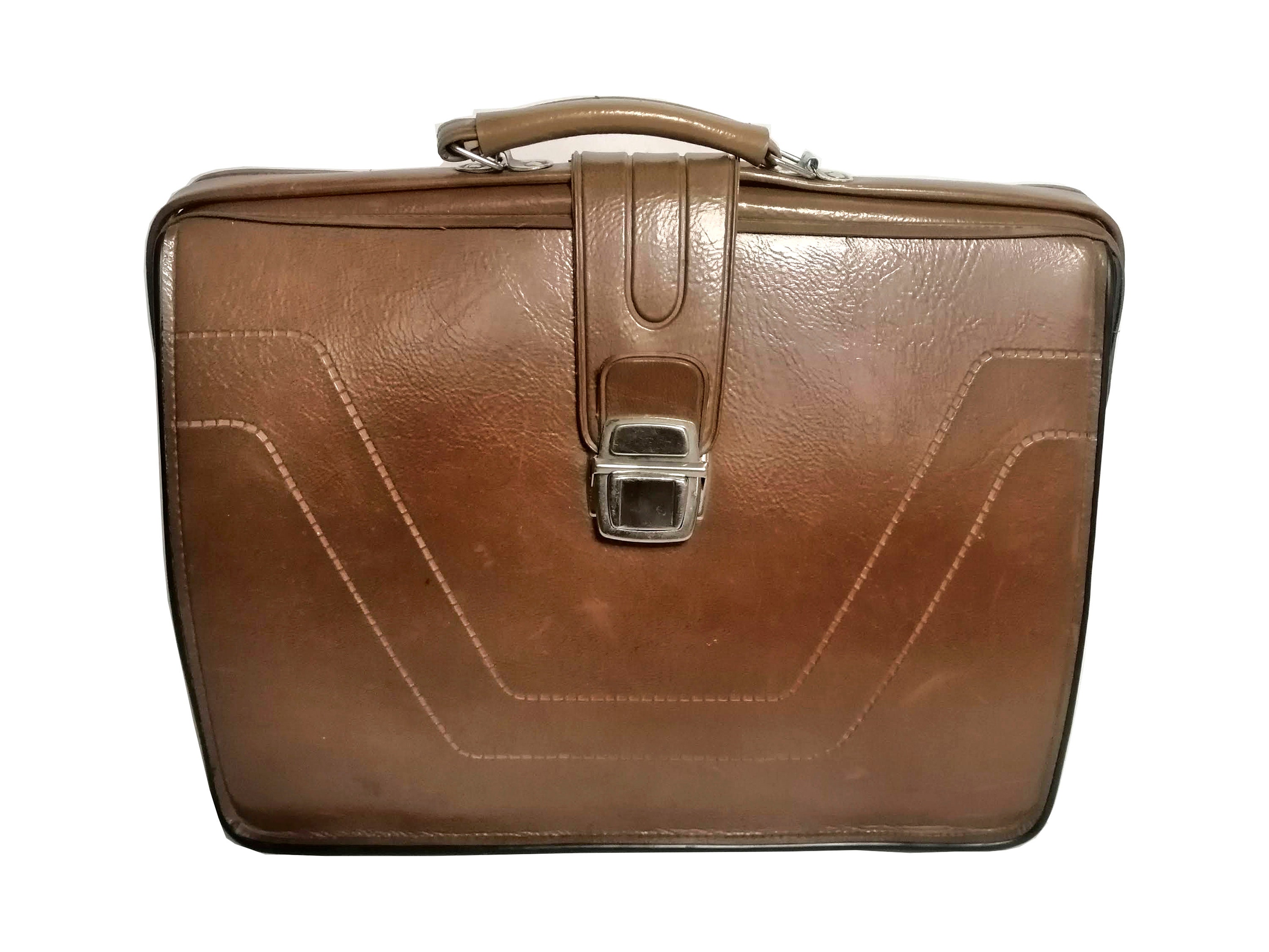 Vintage Doctors Bag Large Briefcase Faux Leather Brown Vegan Gladstone ...