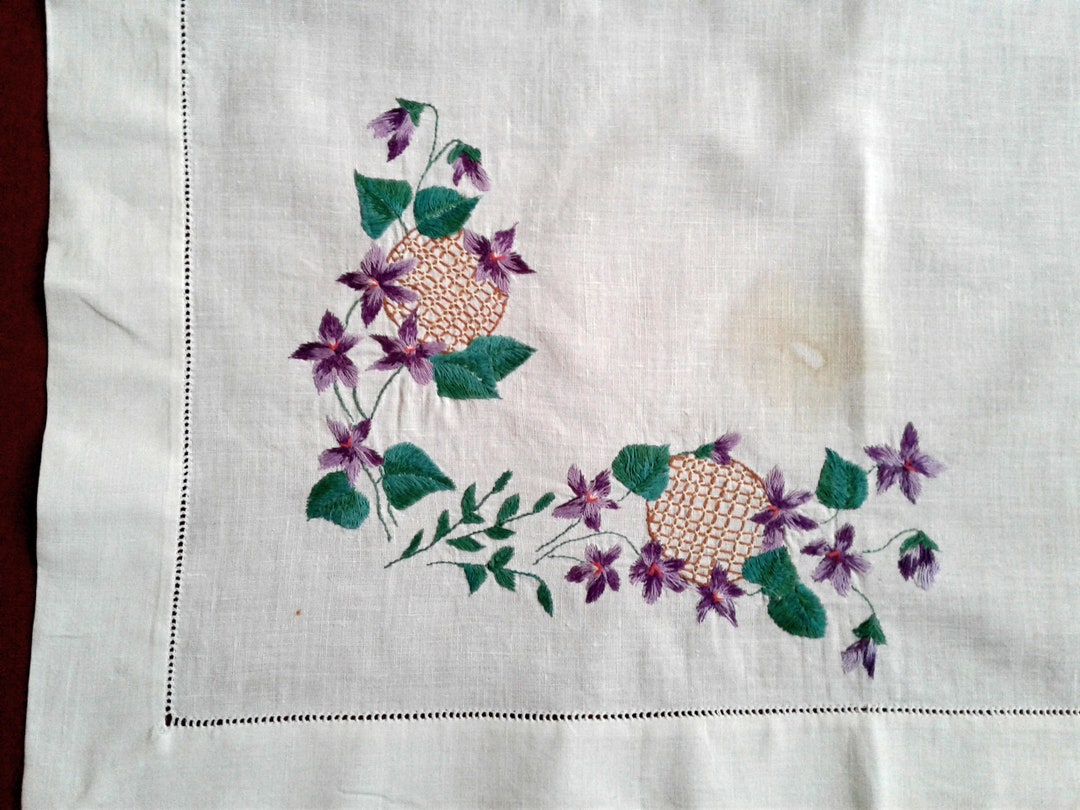 Antique Hand Embroidery Flowers Hemstitch Napkin Tea Tray Doily Mid ...