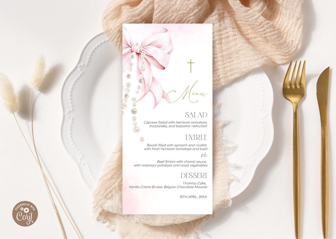 Editable Pink Bow and Pearls Food Menu. Elegant Food Menu. Soft Pastel ...