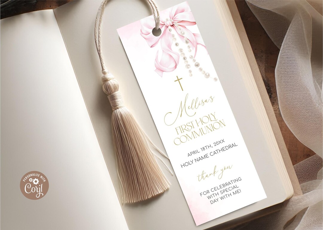 Editable First Holy Communion Bookmark With Pink Bow and Pearls ...