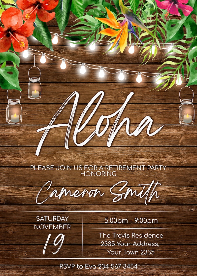 Editable Aloha Retirement Party Invitation, Tropical Floral Design ...