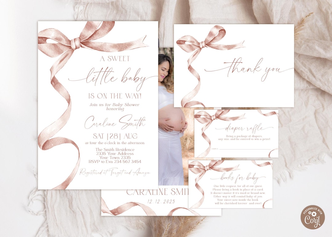 Editable Brown Bow Baby Shower Invitation Set. A Sweet Little Baby is ...