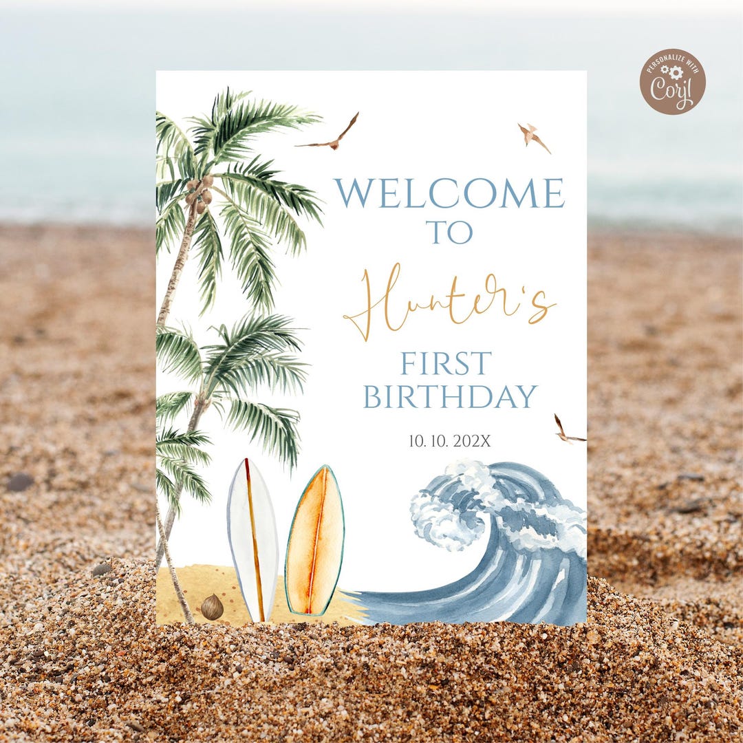 Editable the Big One Surf Birthday Welcome Sign. Surfboard Birthday ...