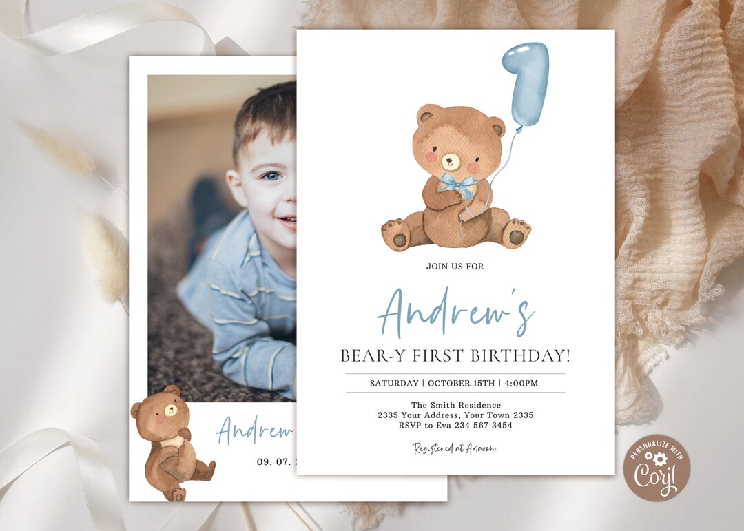 Editable Bear First Birthday Invitation. 1st Birthday Bear Invite ...