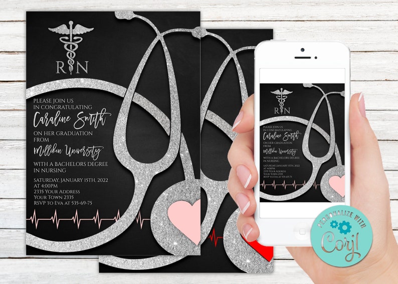 Editable Nursing Graduation Invitation, Silver Stethoscope (digital ...