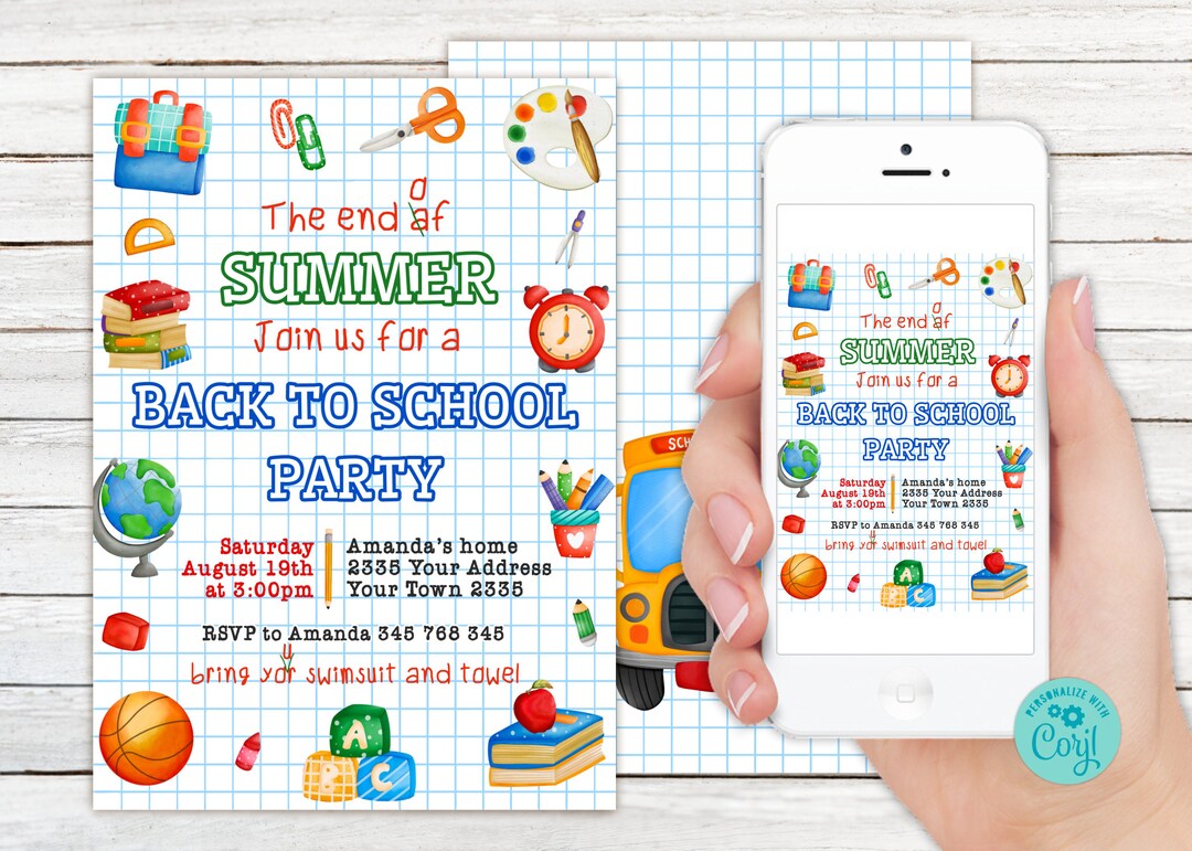 Editable Back to School Party Invitation. End of Summer Party Invite ...