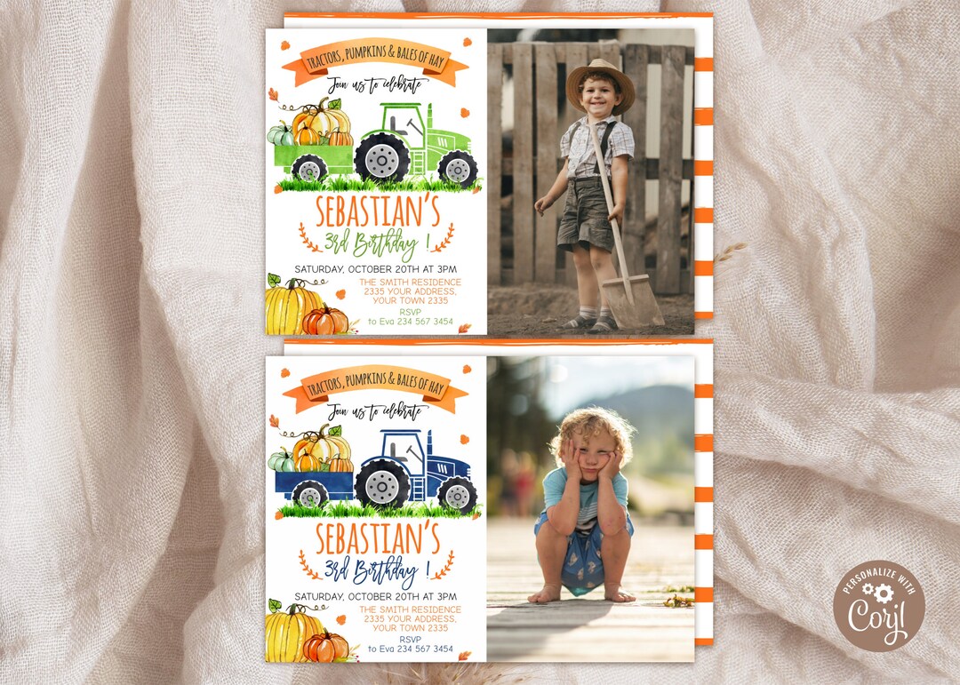 Editable Tractors, Pumpkins, Bales of Hay Birthday Invitation. Green ...