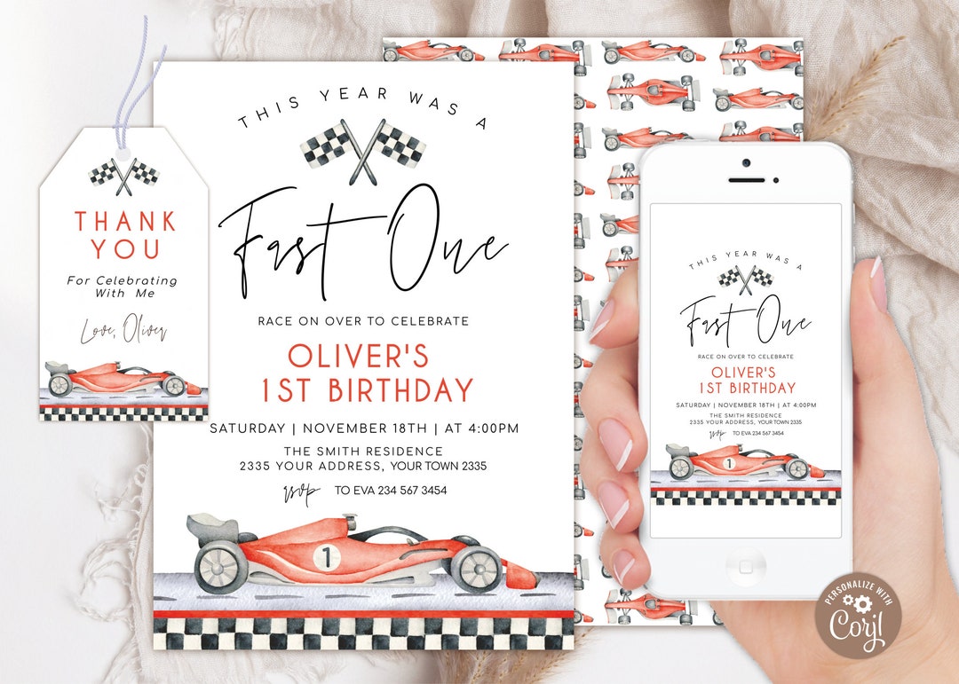 Editable Fast One Birthday Invitation. Racecar Boy Birthday Party ...