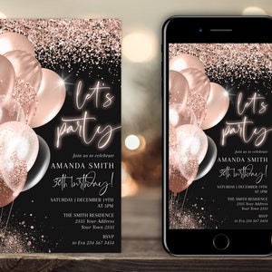 Editable Let's Party Digital Invitations. Rose Gold Balloons Birthday ...