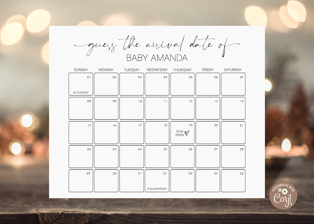 Editable Minimalist Baby Due Date Calendar Game. Guess Baby's Birth ...