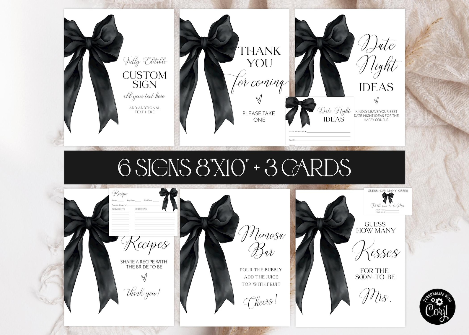 Editable Black Bow Bridal Shower Signs Bundle. She's Tying the Knot ...