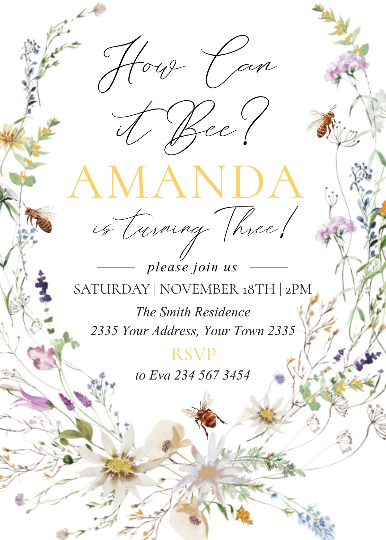 Editable Bee Birthday Party Invitation. Wildflower Birthday - Etsy