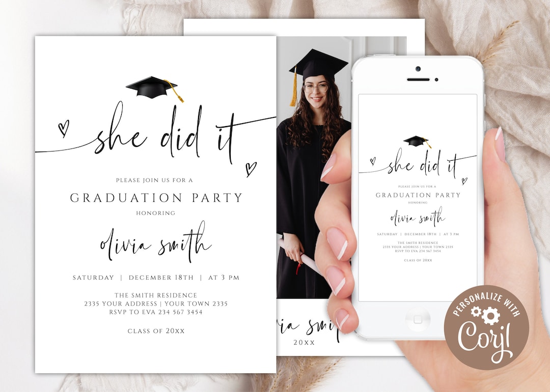 Editable She Did It Graduation Party Invitation With Photo. Graduation ...