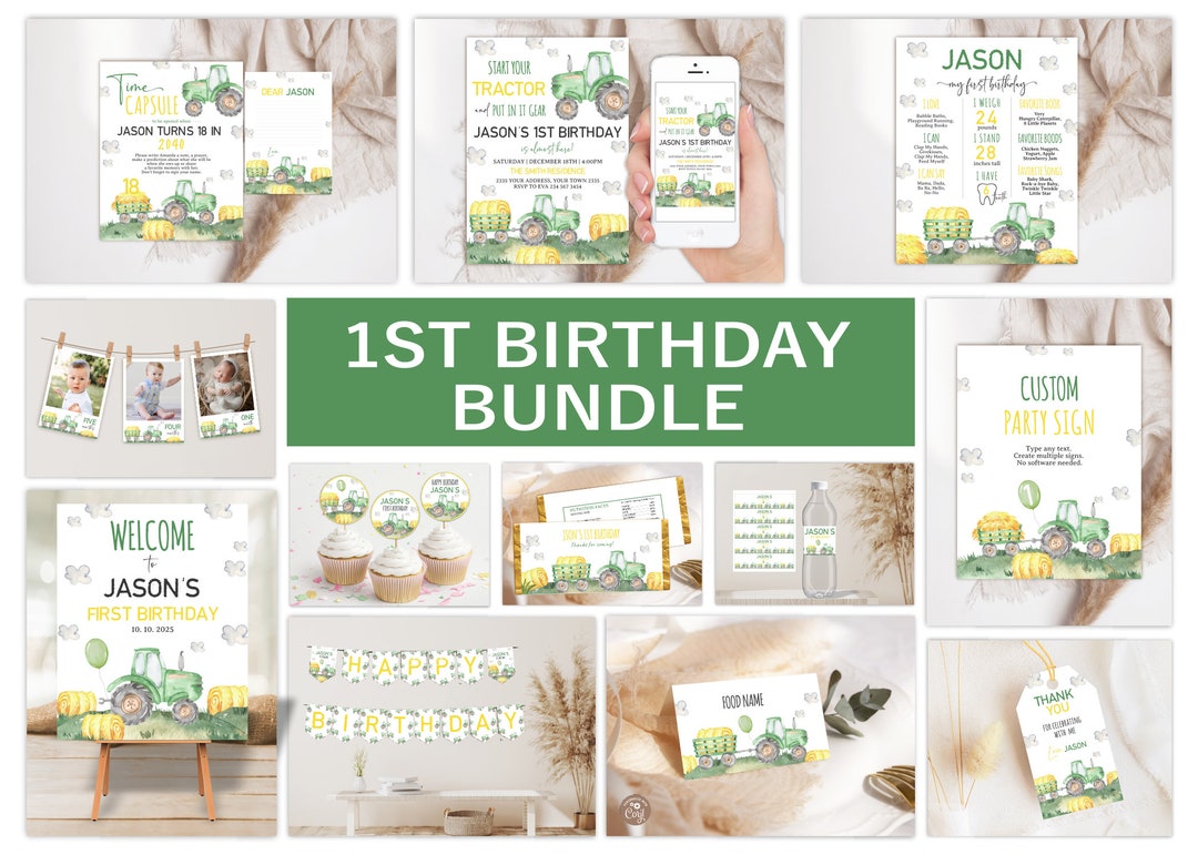 Editable Green Tractor, Bales of Hay Birthday Invitation Bundle ...