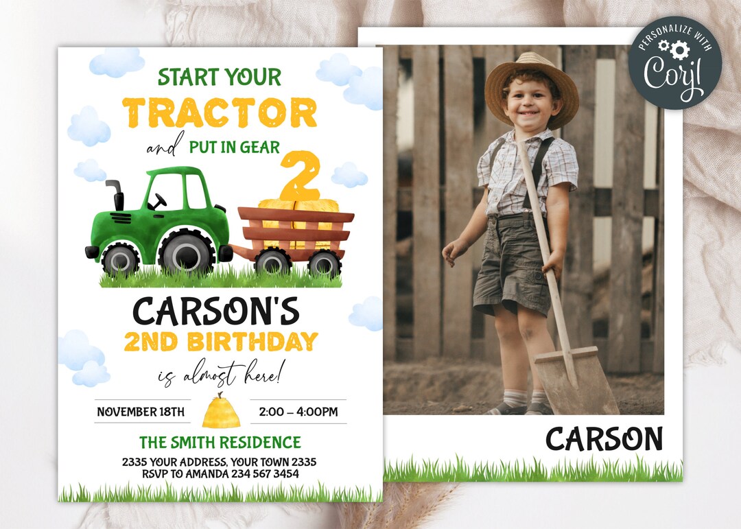 Editable Tractorm, Bales of Hay Birthday Invitation. Green Tractor ...