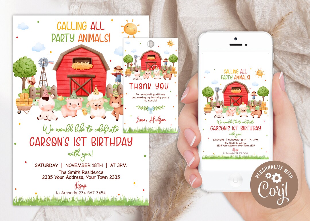 Farm Animals First Birthday Invitation, Barnyard Party (digital) - Etsy