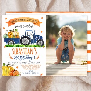 Editable Tractors, Pumpkins, Bales of Hay Birthday Invitation. Green ...
