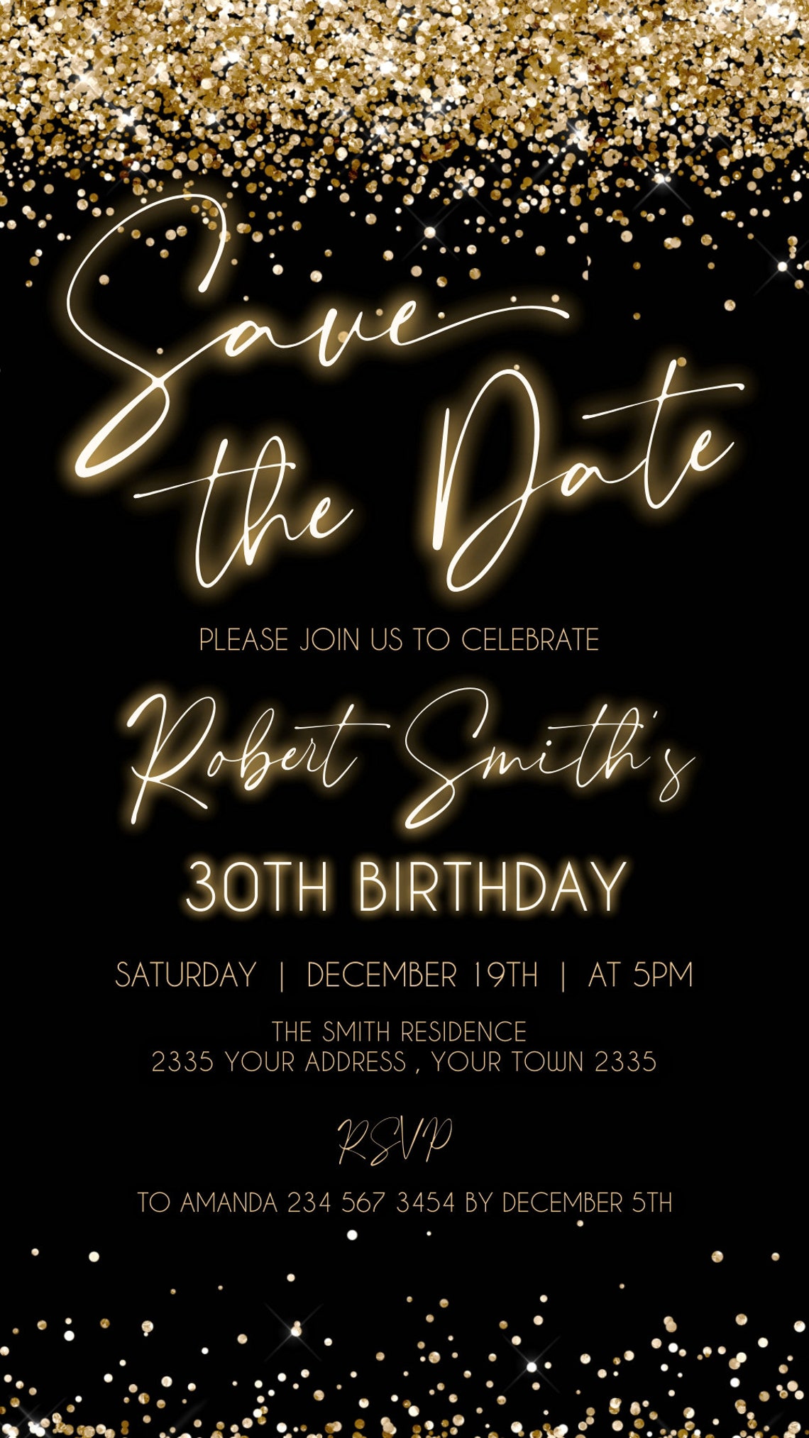 Editable Save the Date Birthday Party Invitation. Glitter Gold - Etsy