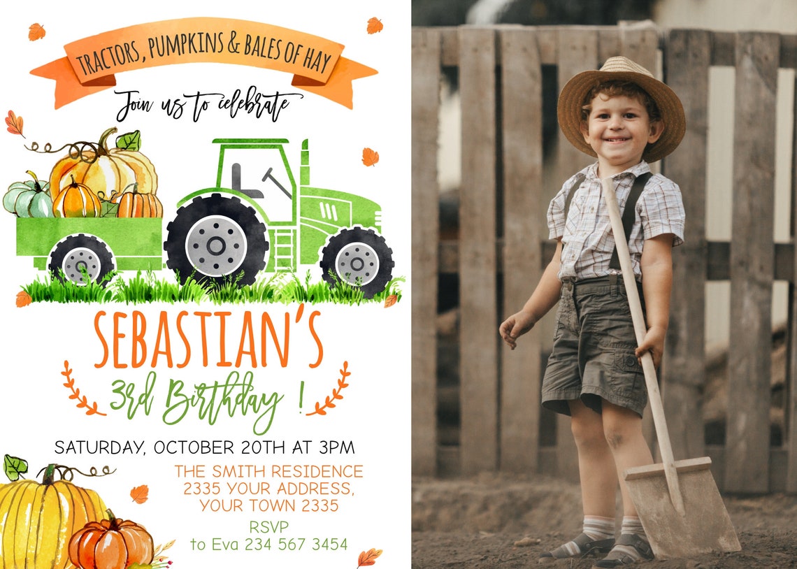 Editable Tractors Pumpkins Bales of Hay Birthday Invitation. - Etsy