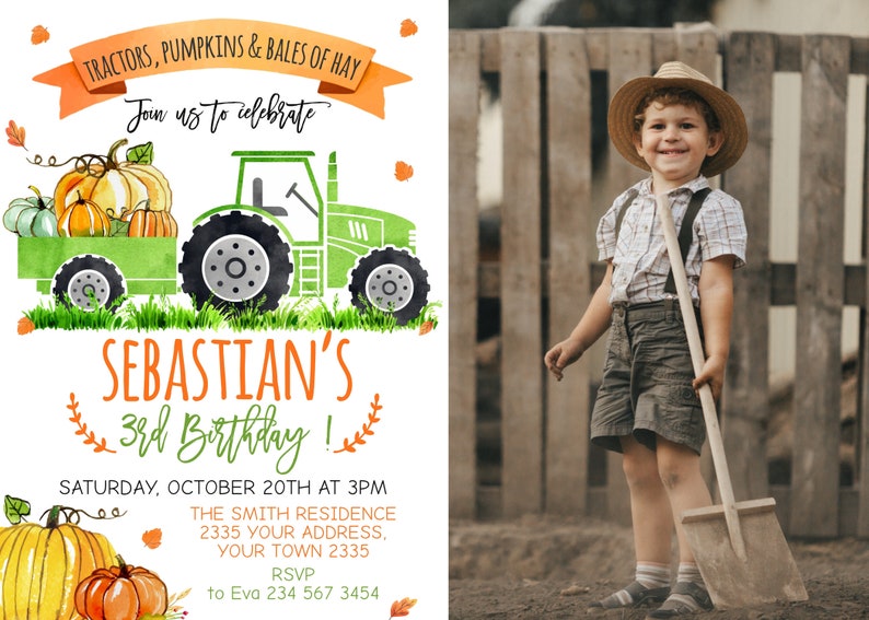 Editable Tractors Pumpkins Bales of Hay Birthday Invitation. - Etsy