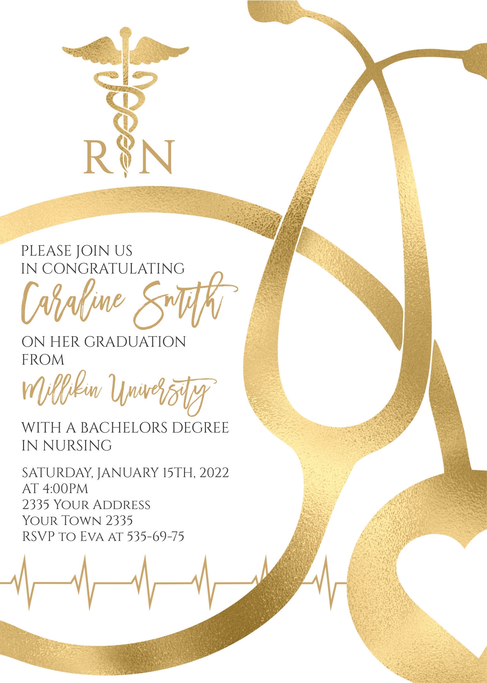 Editable RN Graduation Invitation, Gold Stethoscope Design (digital) - Etsy