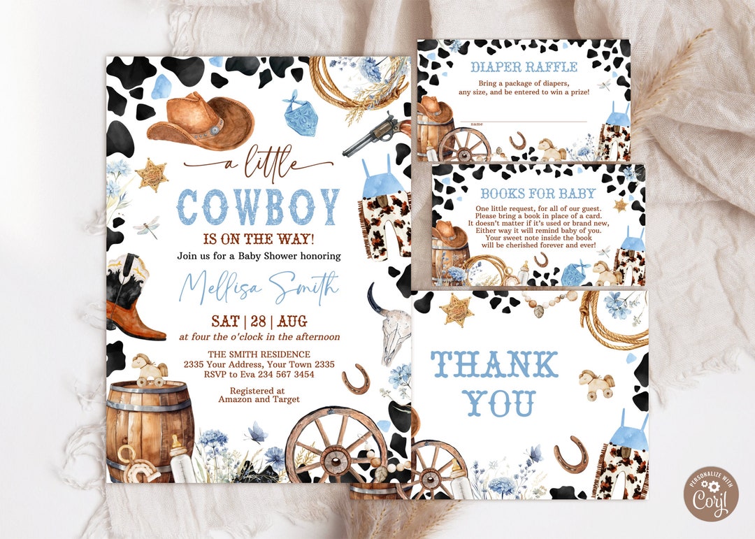 Editable Cowboy Baby Shower Invitation Set. A Little Cowboy Baby Shower ...