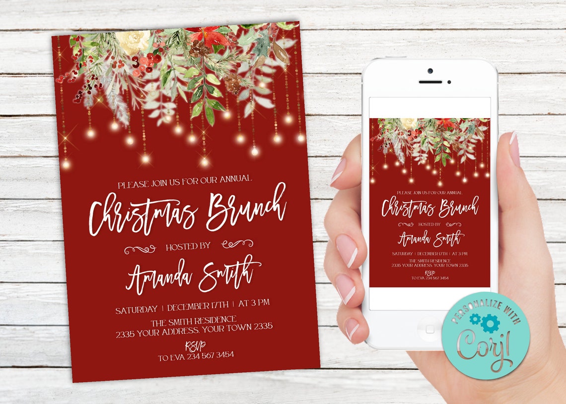 Editable Christmas Brunch Invitation. Winter Greenery - Etsy