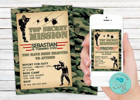 Editable Military Party Invitations. Army Birthday Invitation. | Etsy