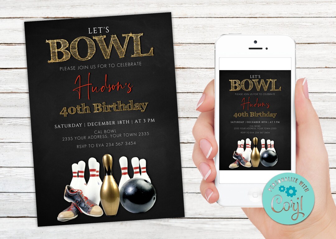 Editable Bowling Party Invitation. Let's Bowl. Gold Glitter and ...
