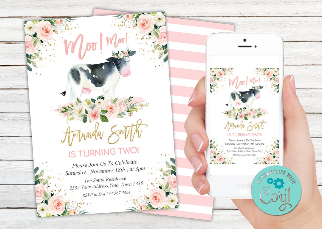 Editable Cow Birthday Invitation. Moo Invitation. Little Cow. Floral ...