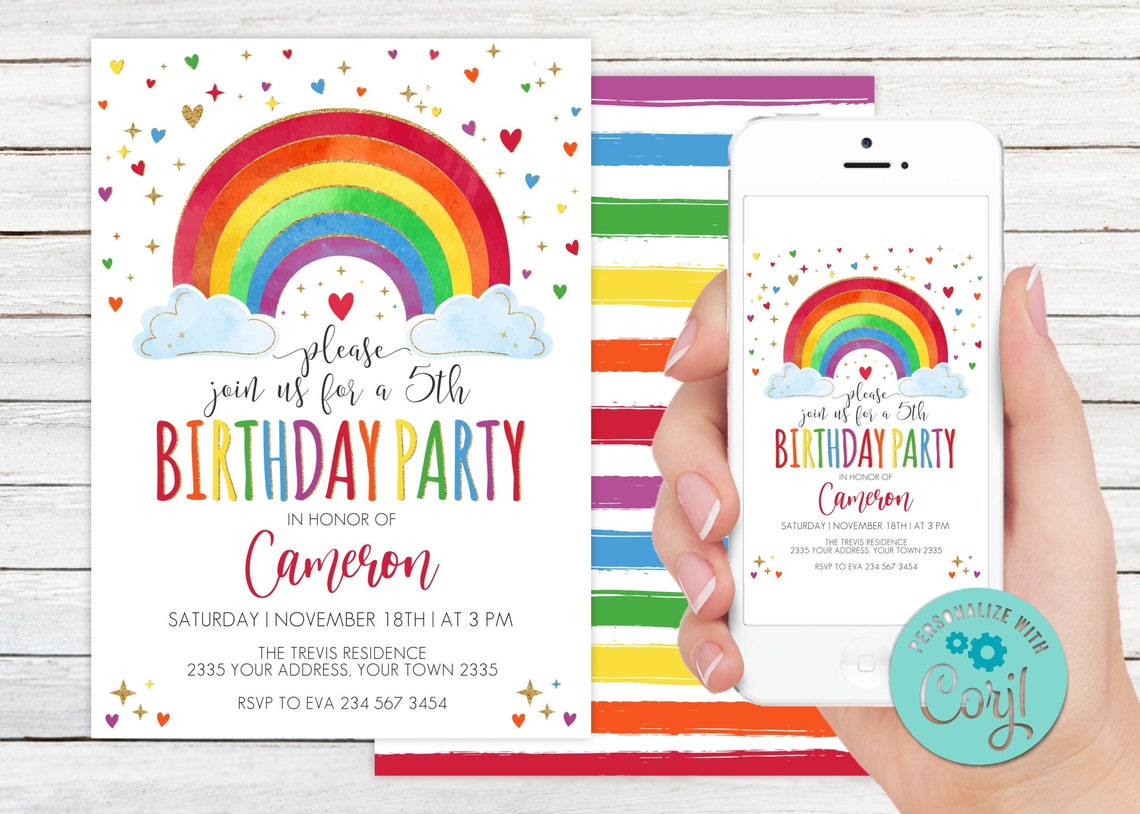 Editable Rainbow Birthday Invitation. Bright Rainbow Birthday - Etsy