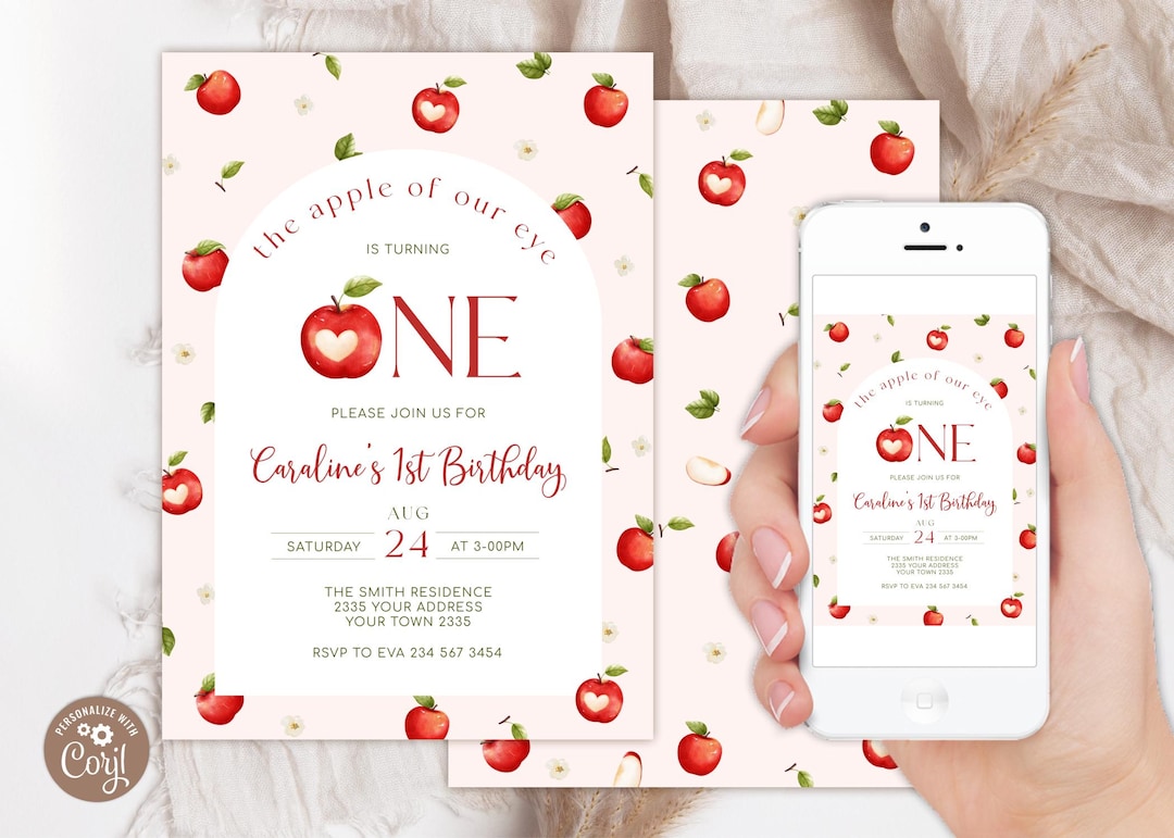 Editable Apple First Birthday Invitation. Apple of Our Eye 1st Birthday ...