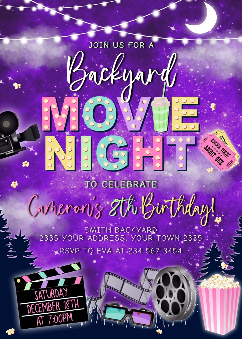 Editable Movie Night Girl Birthday Party Invitation. Movie Night Invite ...