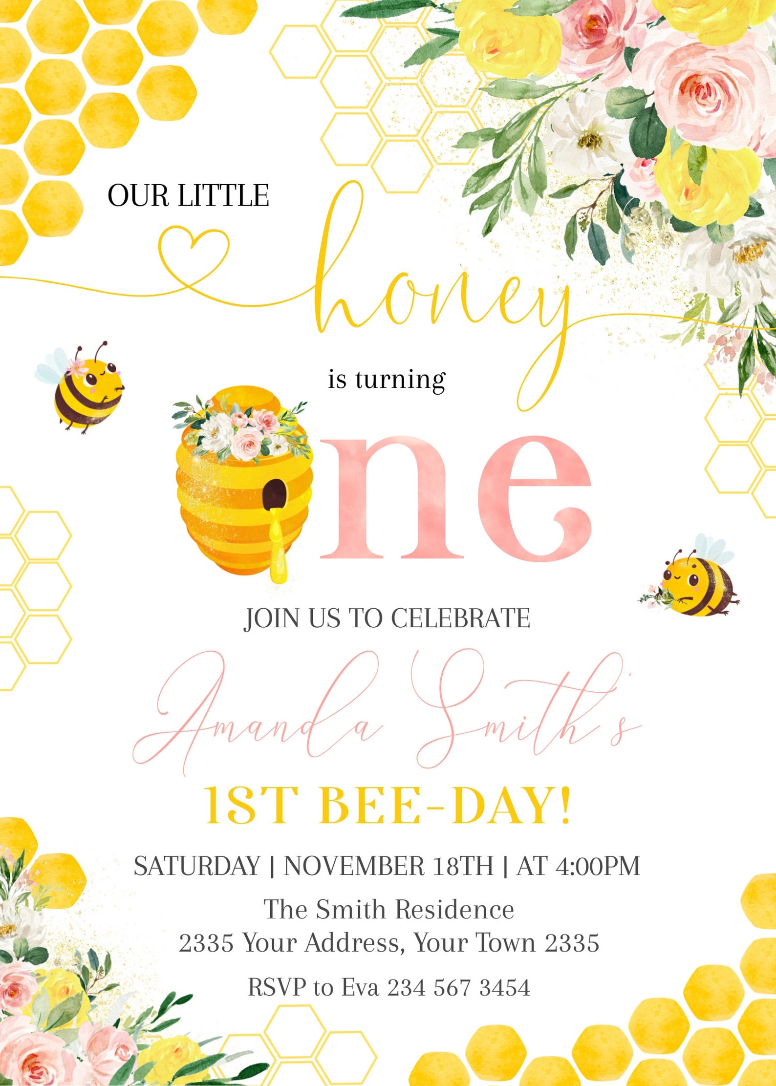 Editable Bee Birthday Invitation. Bee First Birthday - Etsy