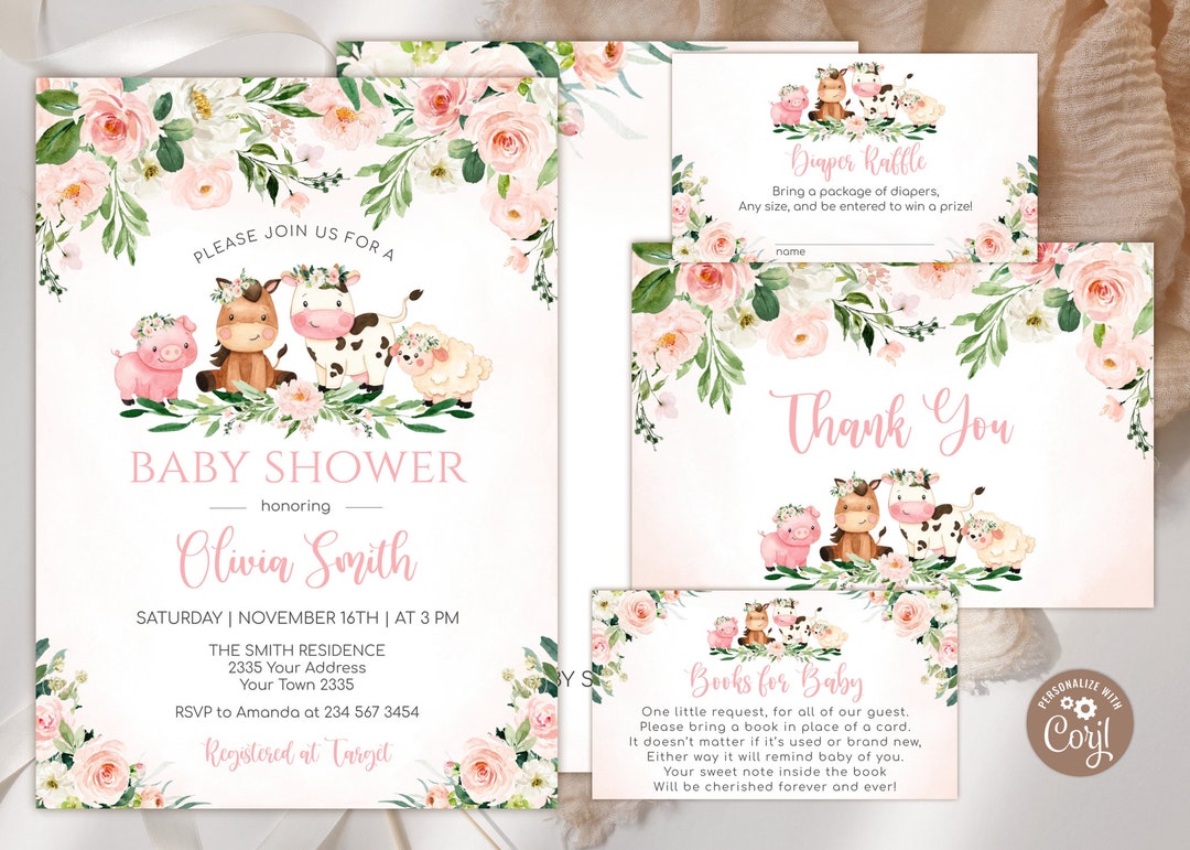 Editable Farm Baby Shower Invitation Set. Floral Baby Shower. Pink Farm ...