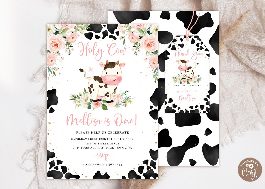 Editable Cow Birthday Invitation. Holy Cow I'm One. Little Cow. Floral ...
