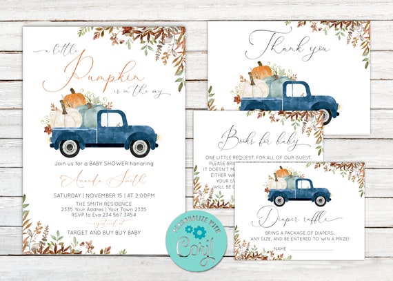 Editable Pumpkin Truck Baby Shower Invitation Set. Blue Car - Etsy
