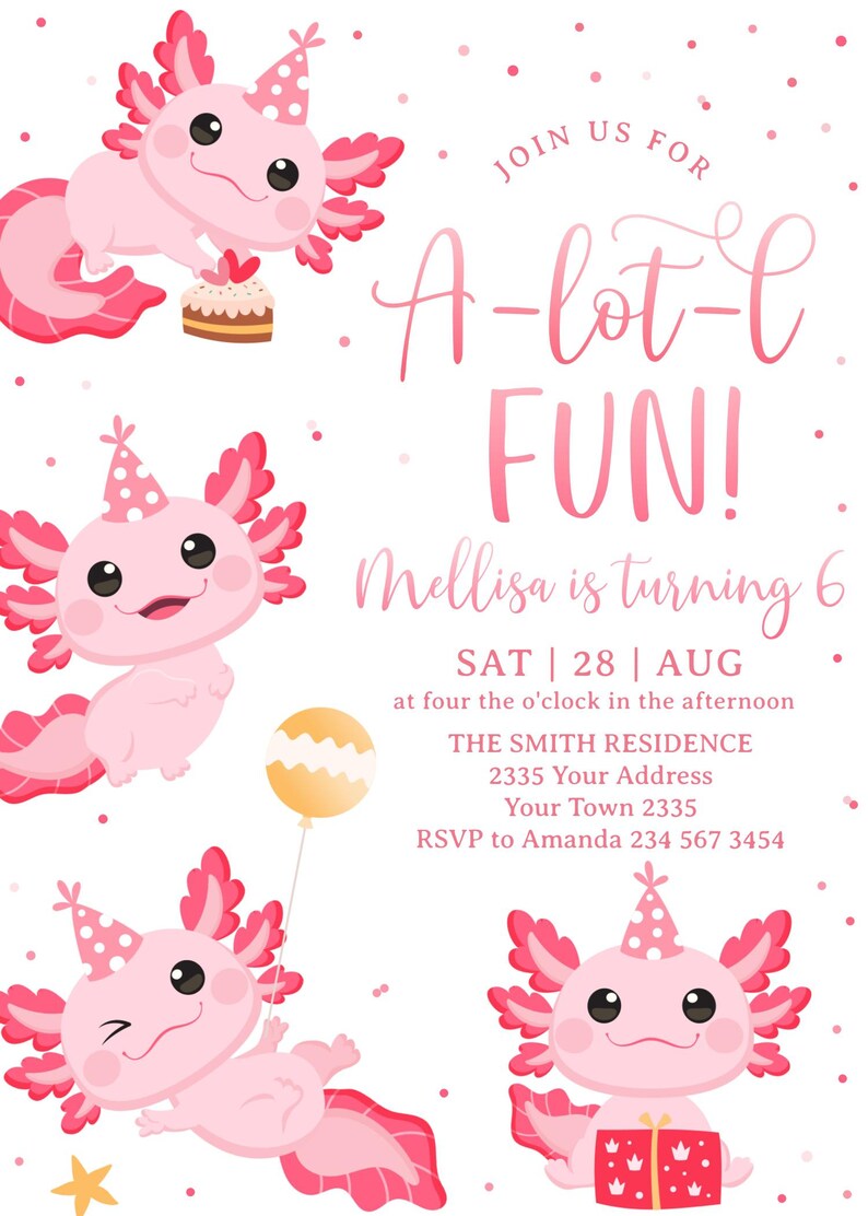 Invitación de cumpleaños editable con axolotl rosa. Fiesta de ...