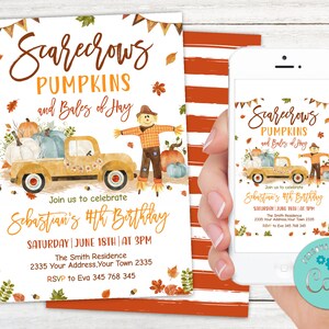 Editable Fall Scarecrow Pumpkin Truck Birthday Party Invitation ...