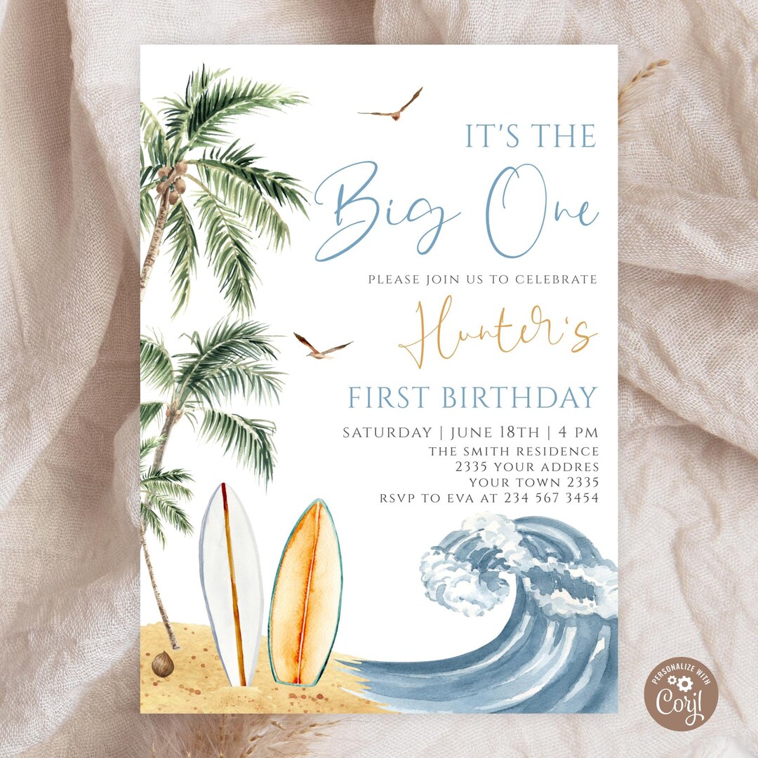 Editable the Big One Surf Birthday Invitation. Surfboard Birthday Party ...