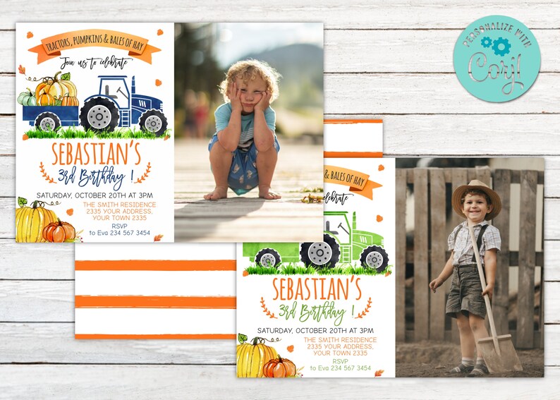 Editable Tractors Pumpkins Bales of Hay Birthday Invitation. - Etsy