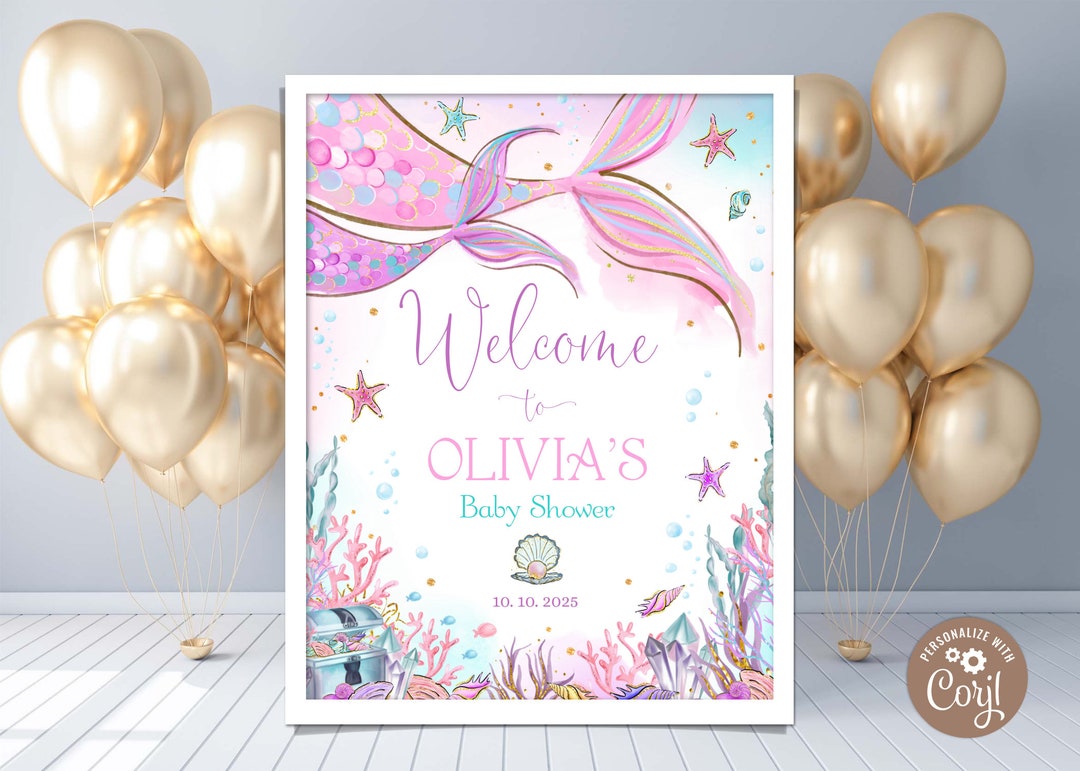 Editable Mermaid Baby Shower Welcome Sign. Little Mermaid Under the Sea ...