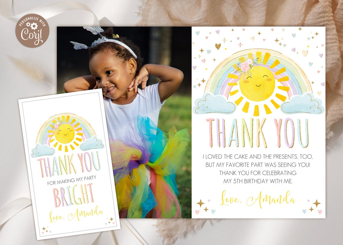 Editable Sunshine & Rainbow Thank You Card With Photo. Rainbow - Etsy