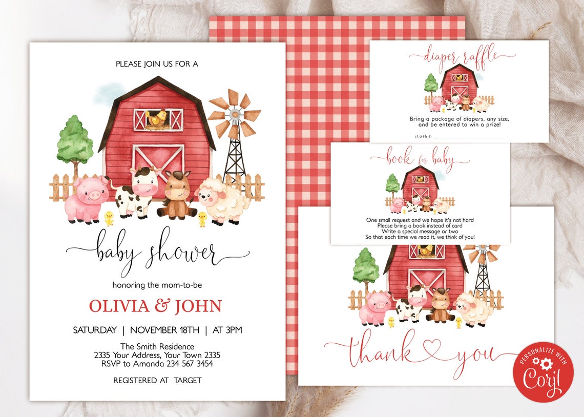 Editable Farm Baby Shower Invitation. Red Farm Baby Shower Invitation ...