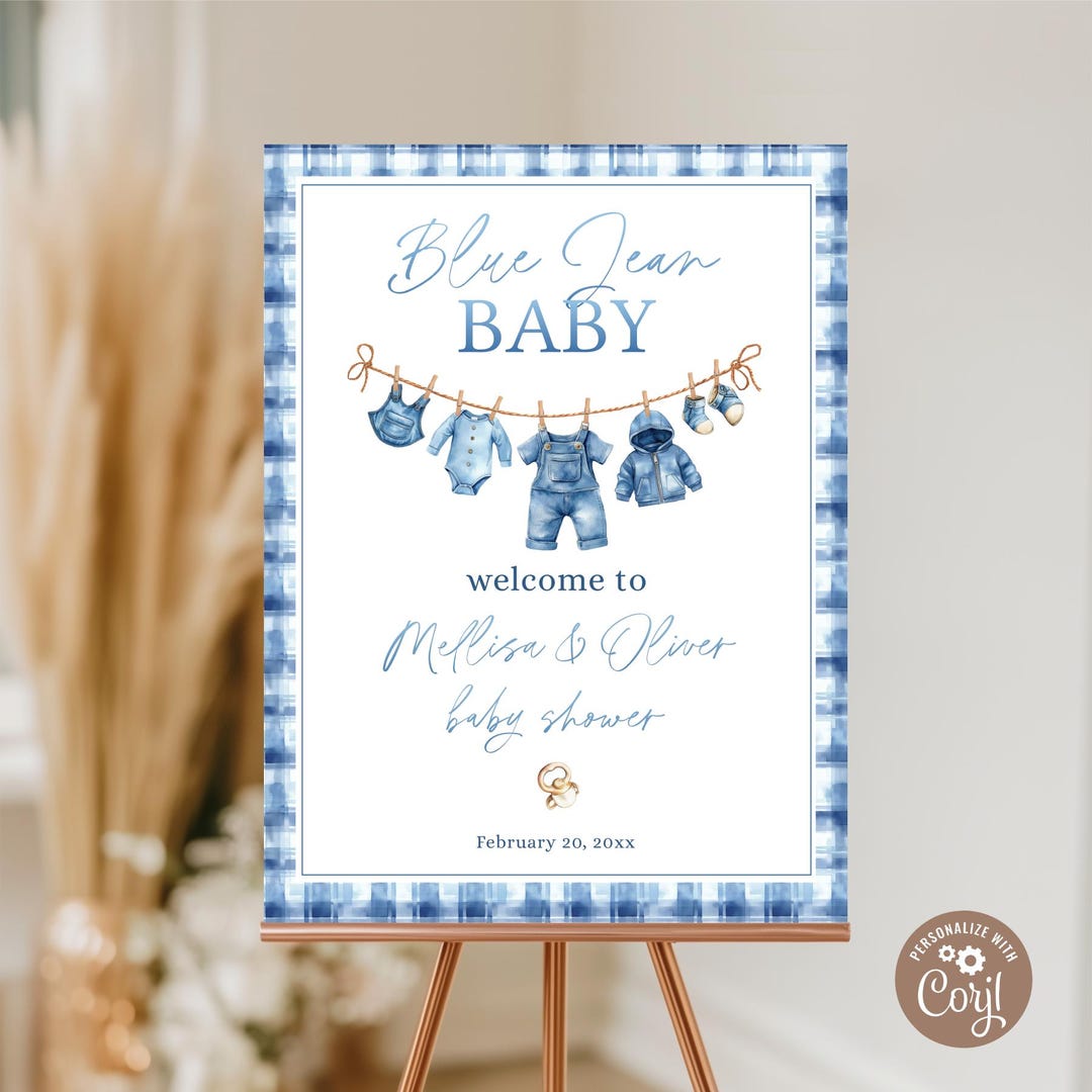 Editable Blue Jean Baby Shower Welcome Sign. Denim Baby Shower Sign ...